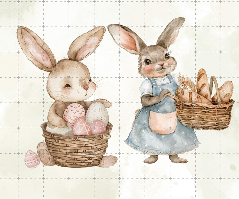 Vintage Bunny Watercolor Clipart Bundle, 50 PNG Easter Rabbit ...