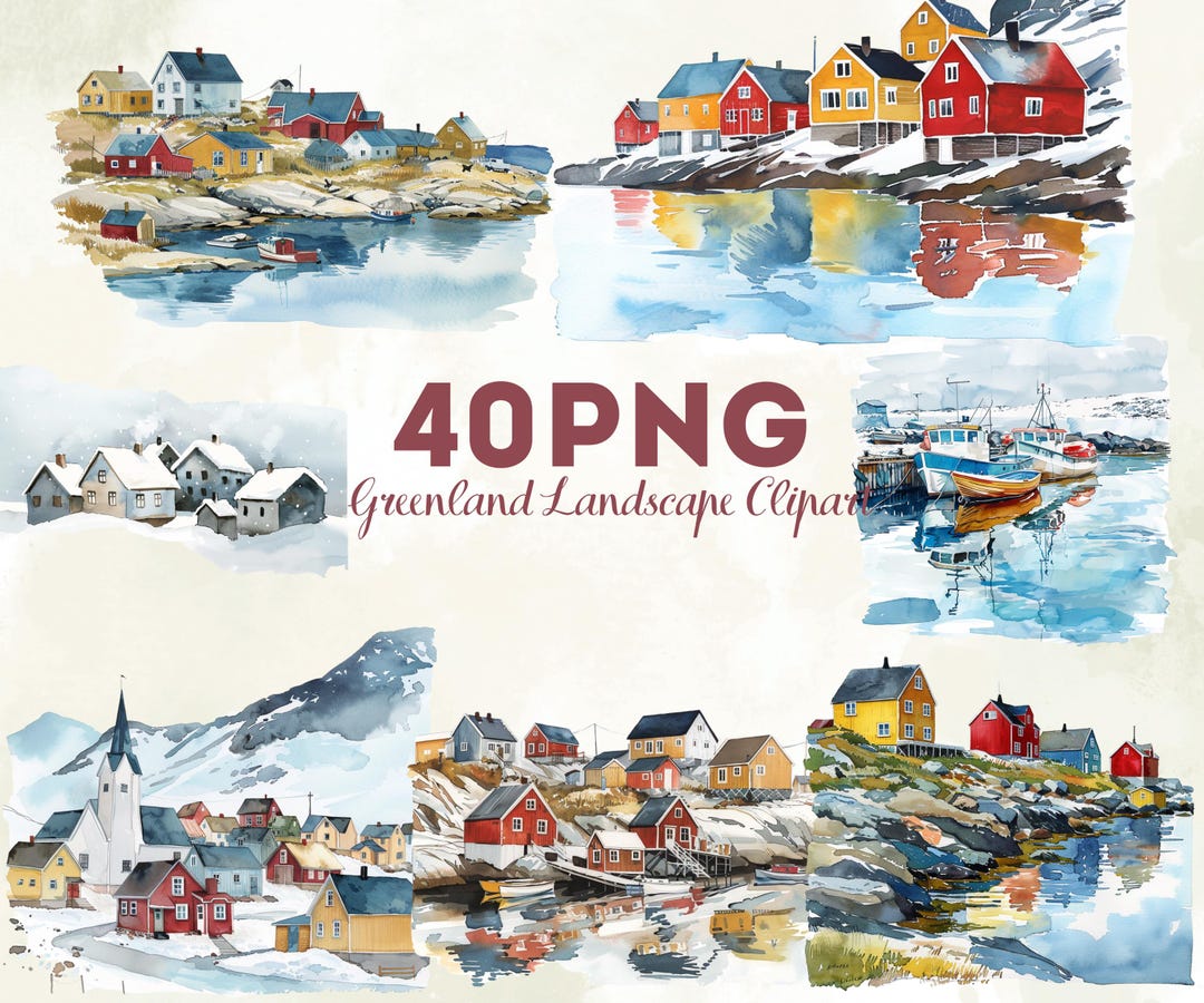 Greenland Landscape Clipart Bundle 40 PNG, Watercolor Greenland Scenery ...