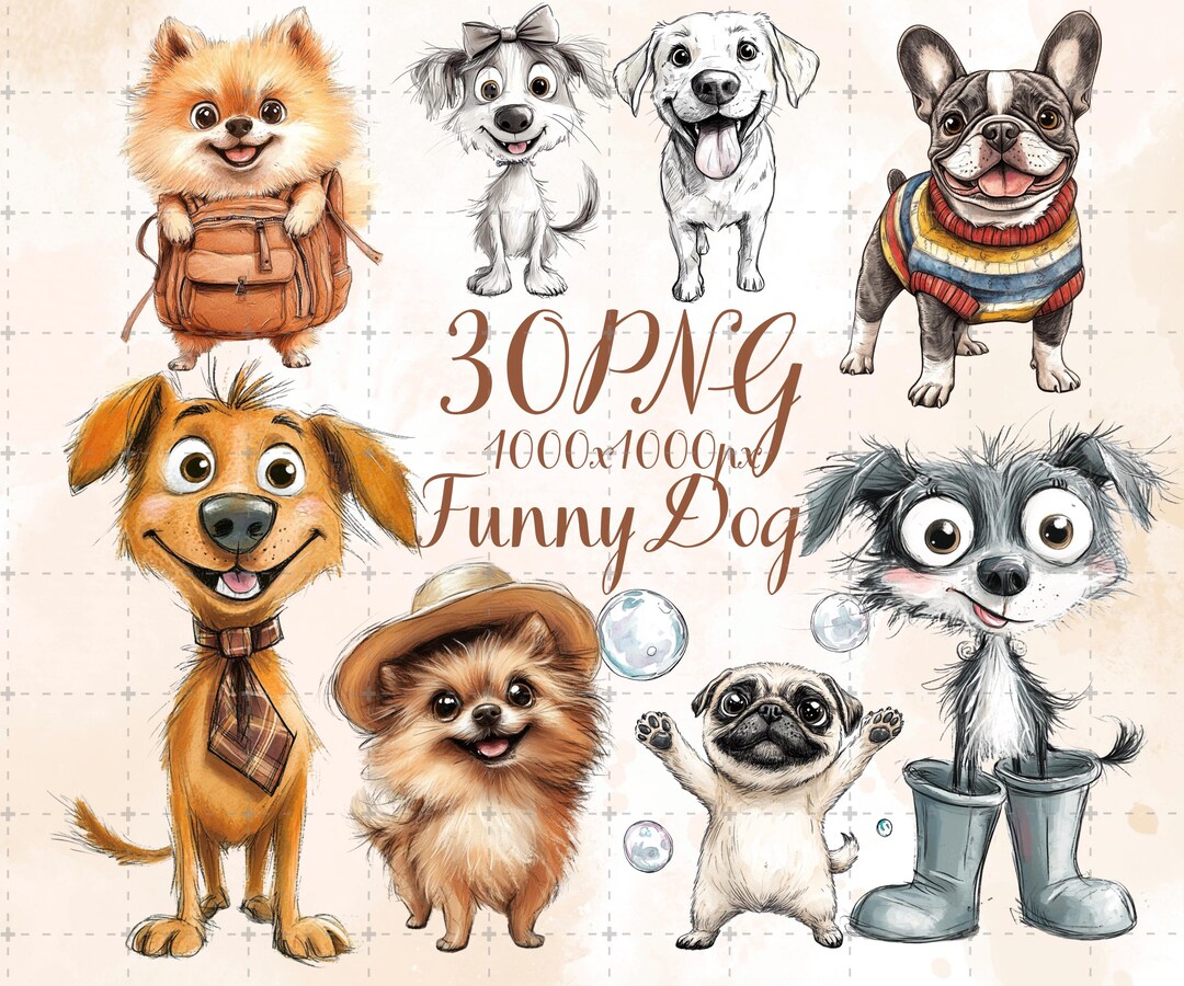 Funny Dog Clipart Bundle: 30 PNG Cute Cartoon Dogs Digital Download - Etsy