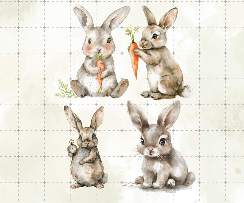 Vintage Bunny Watercolor Clipart Bundle, 50 PNG Easter Rabbit ...