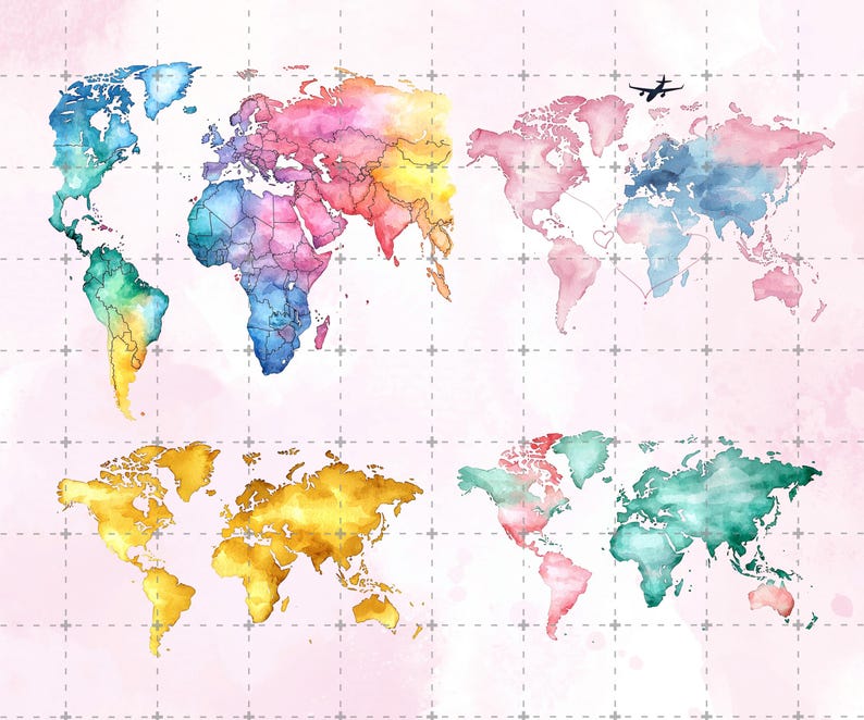 Watercolor World Map Clipart PNG, 25 Global Maps, Travel & Geography ...