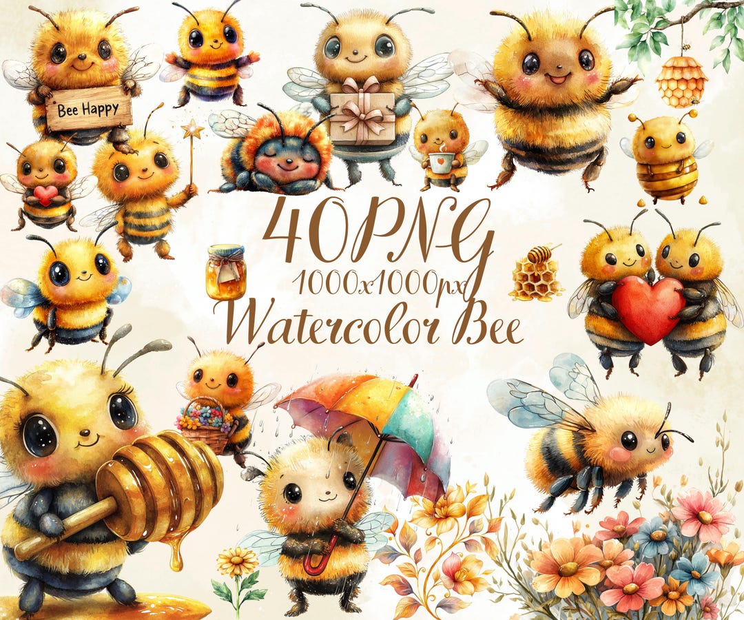 40 PNG Watercolor Bee Clipart Bundle Honey Bee Digital Download - Etsy