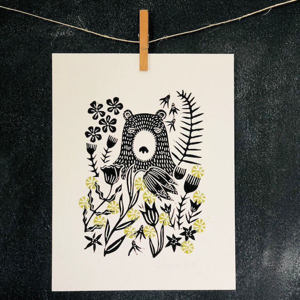 Linocut Bear - Etsy
