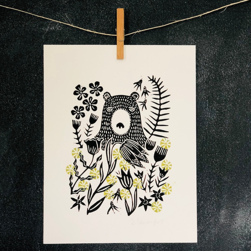 Linocut Bear - Etsy