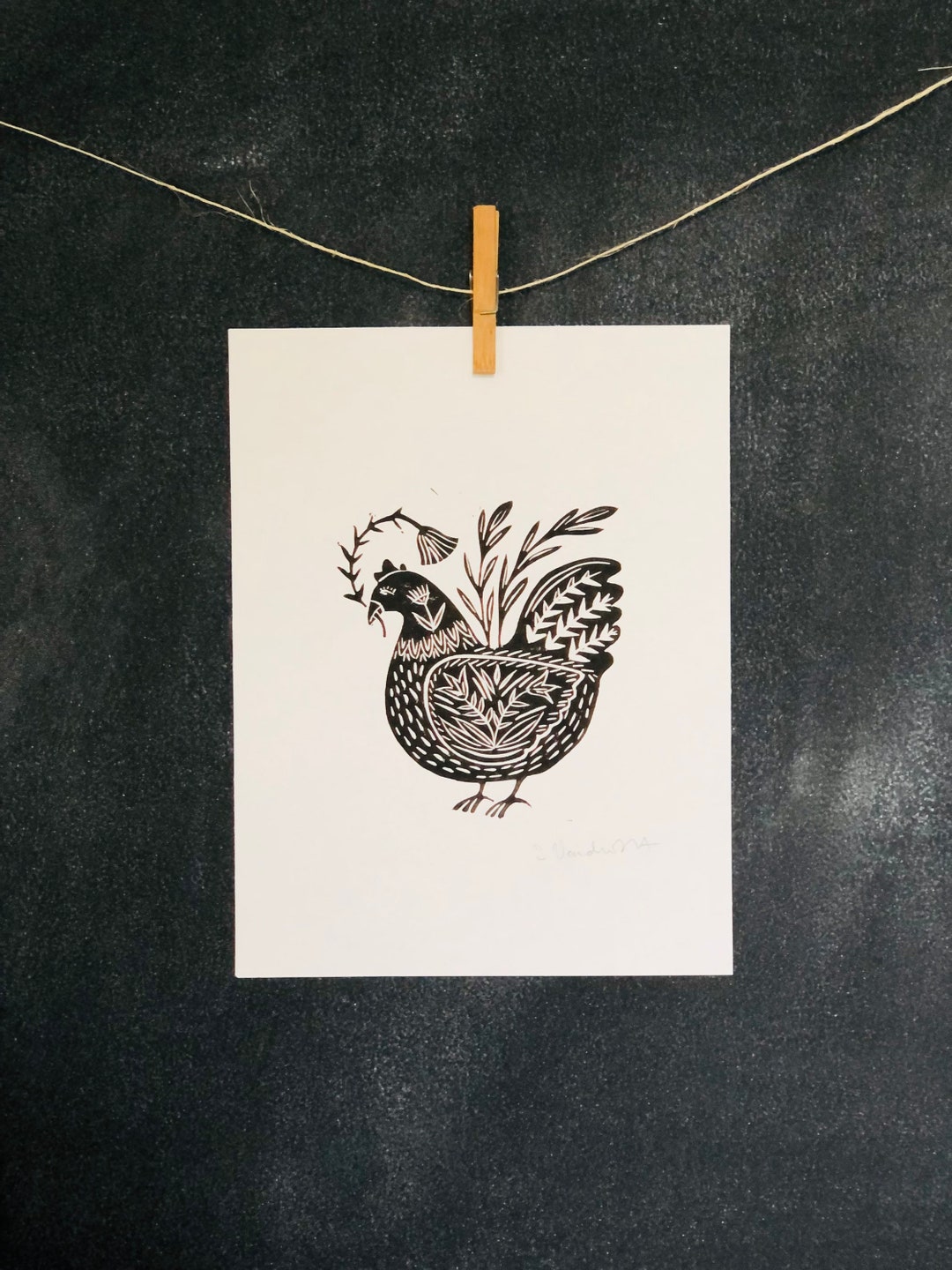 Folk Art Chicken Linocut Print - Etsy