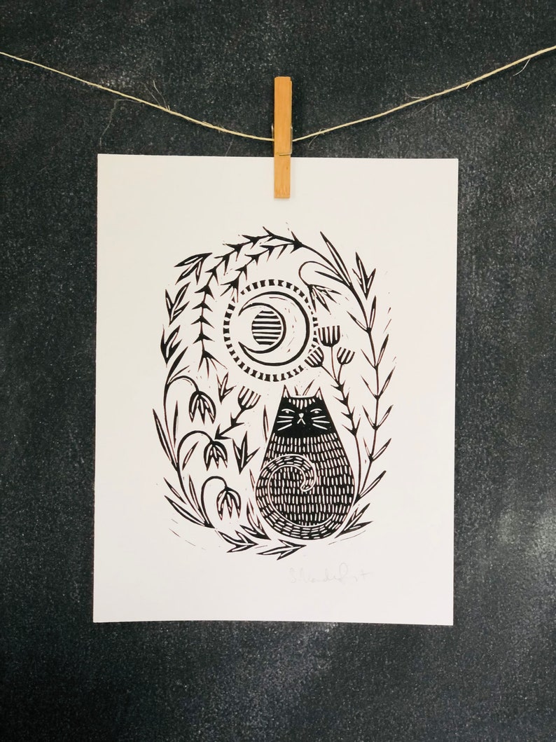 Moon Cat Linocut Print - Etsy