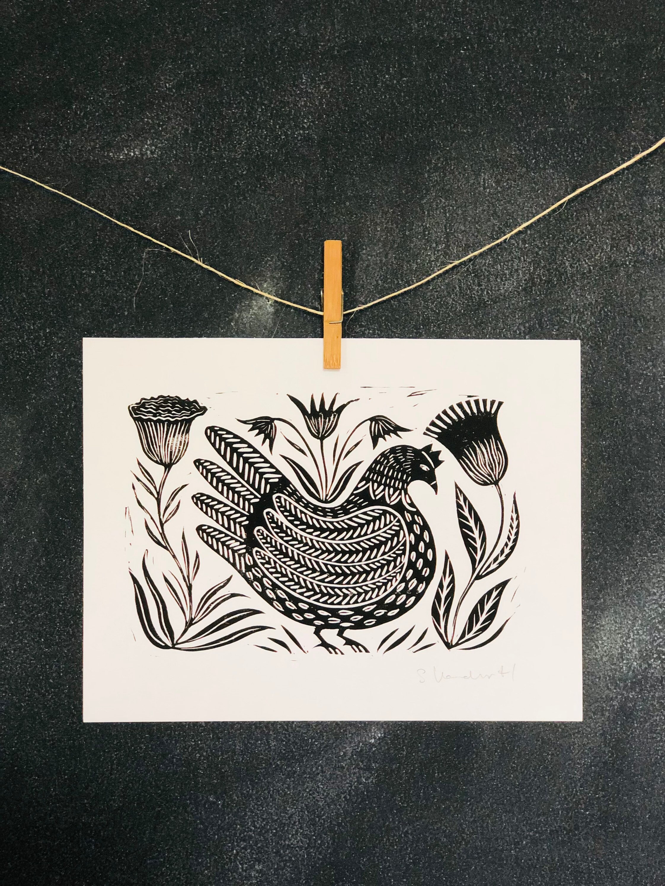 Folk Art Hen Linocut Print - Etsy