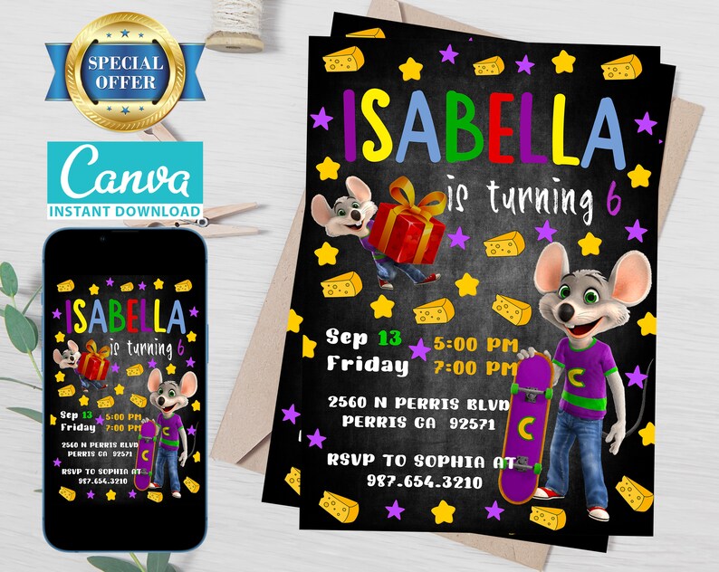 Editable Chuck E Cheese Birthday Invitation Template, Printable ...