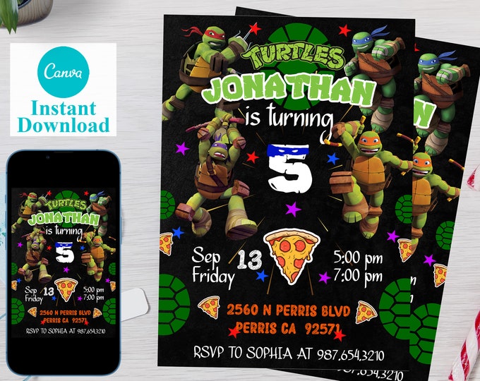 Turtle Themed Birthday Party Invitation, Digital Download - Etsy