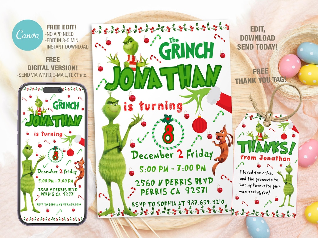 Editable the Grinch Birthday Invitation Template, Printable Birthday ...