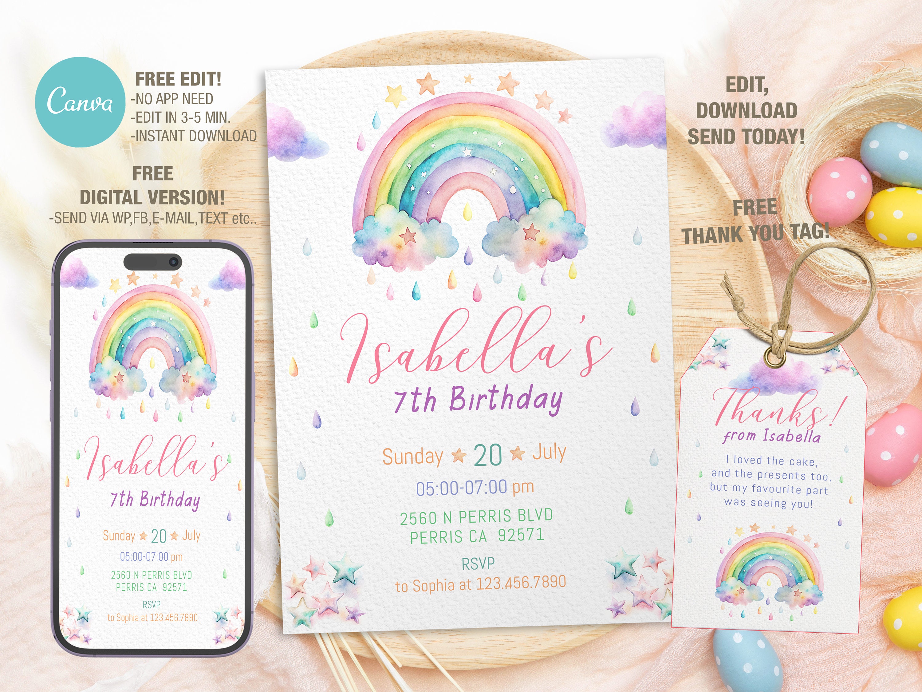 Editable Watercolor Rainbow Birthday Invitation Template, Printable ...