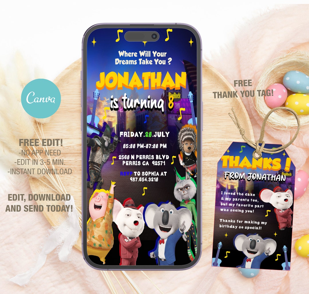 Editable Mobile Sing 2 Birthday Invitation Template, Sing Movie ...