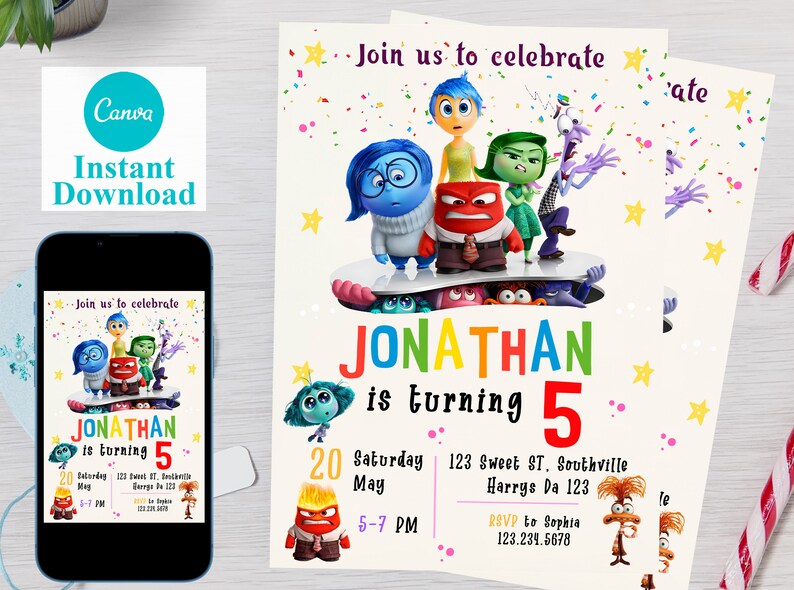 Plantilla de invitación de cumpleaños editable de Inside Out ...