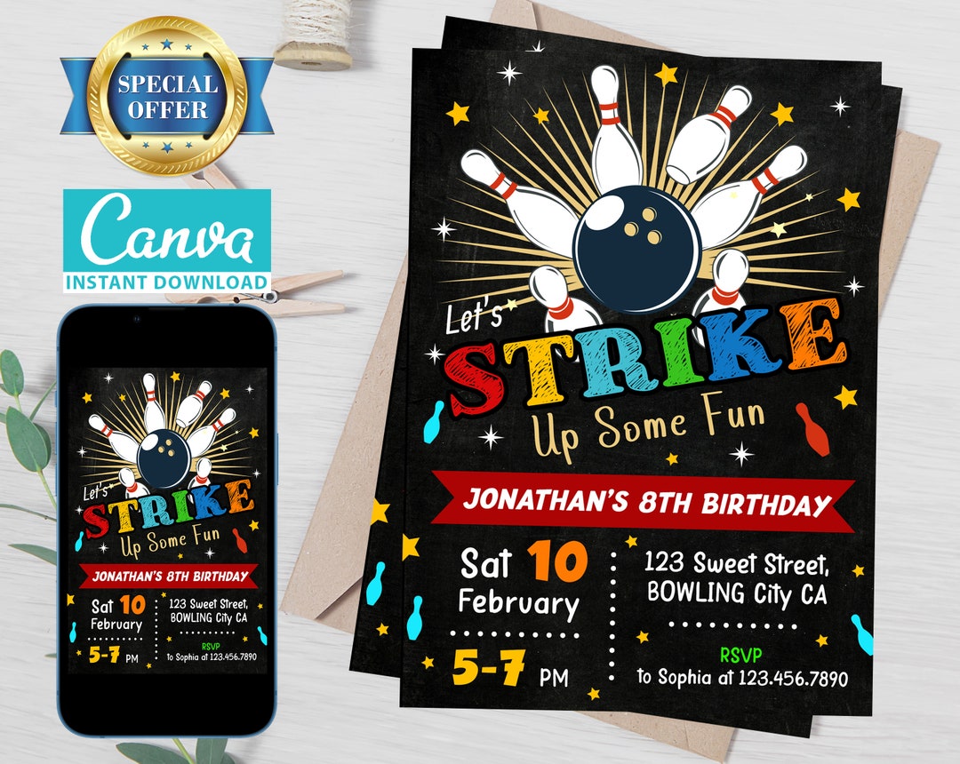 Editable Bowling Birthday Invitation Template, Printable Strike up Some ...
