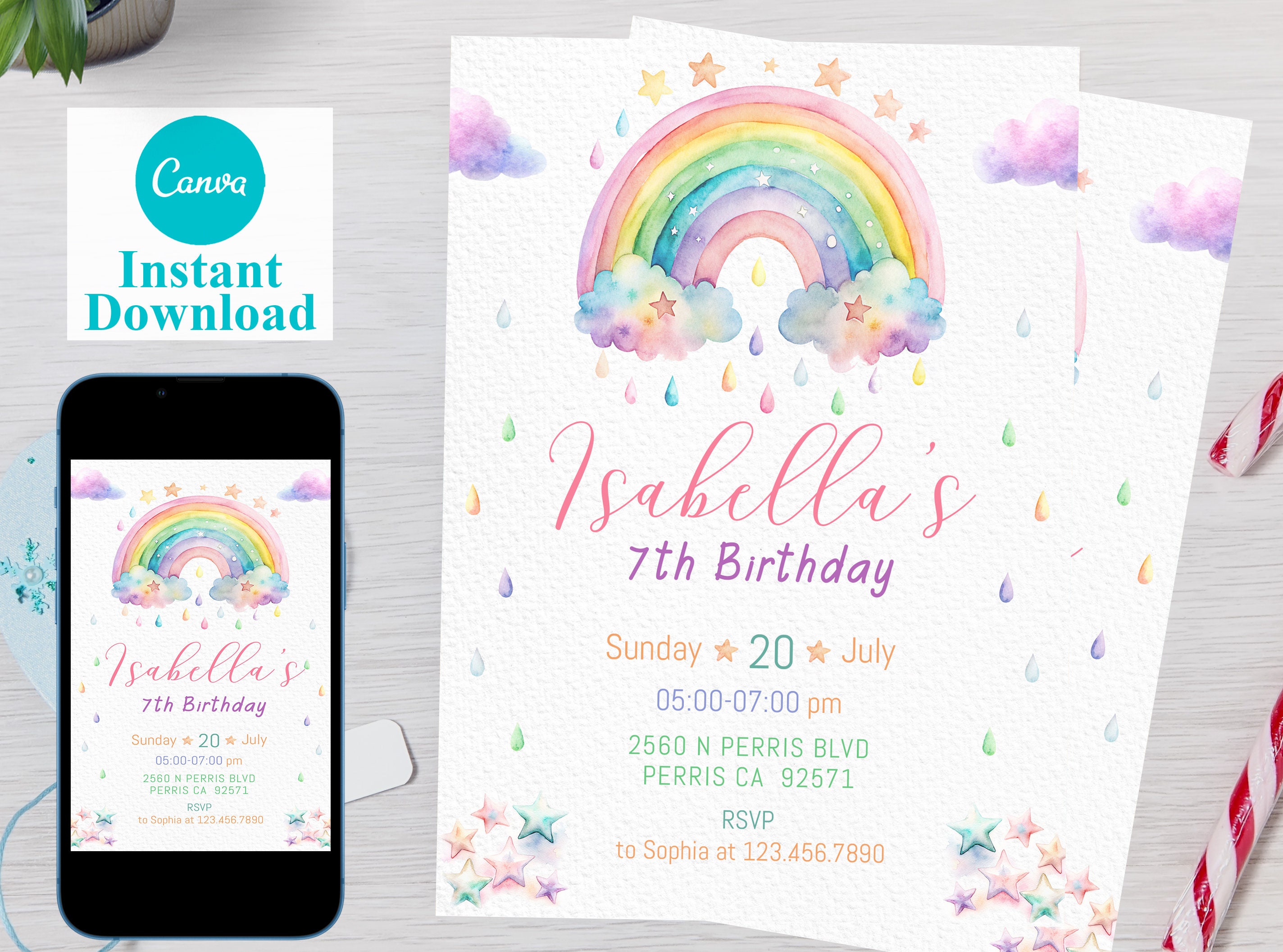 Editable Watercolor Rainbow Birthday Invitation Template, Printable ...