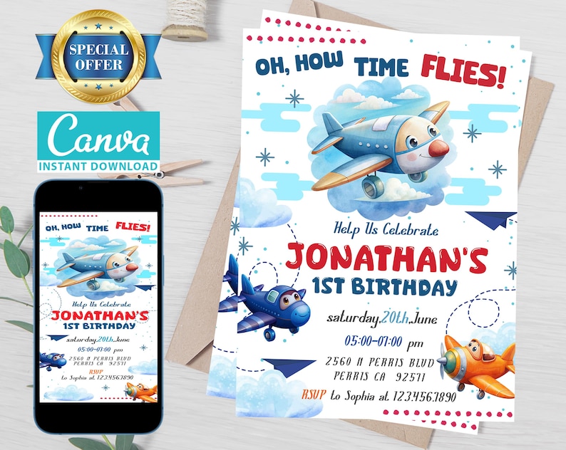 Editable Airplane Birthday Invitation Template, Kids Party Invite ...
