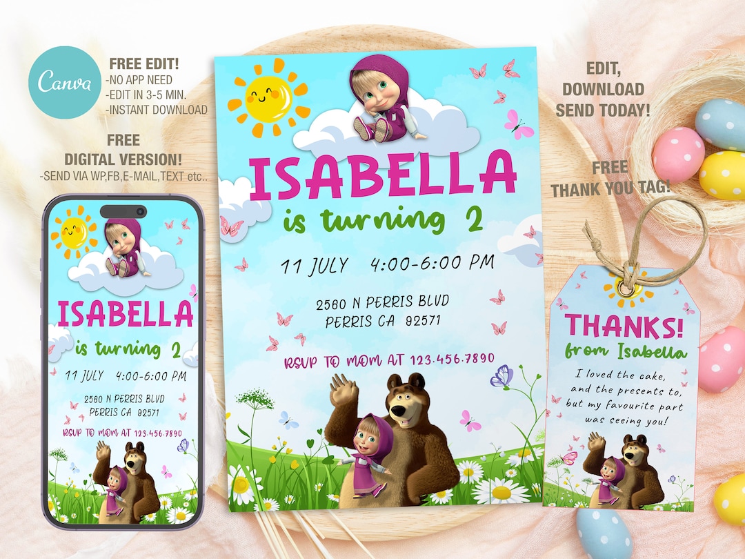 Masha and the Bear Birthday Invitation Template, Printable Bday Card ...