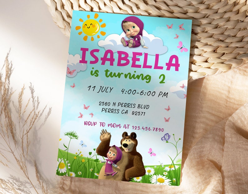 Editable Masha and the Bear Birthday Invitation Template, Printable ...