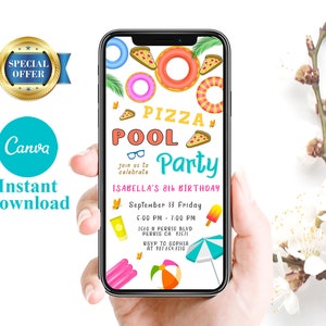 Editable Mobile Pizza Pool Party Birthday Invitation Template, Birthday ...