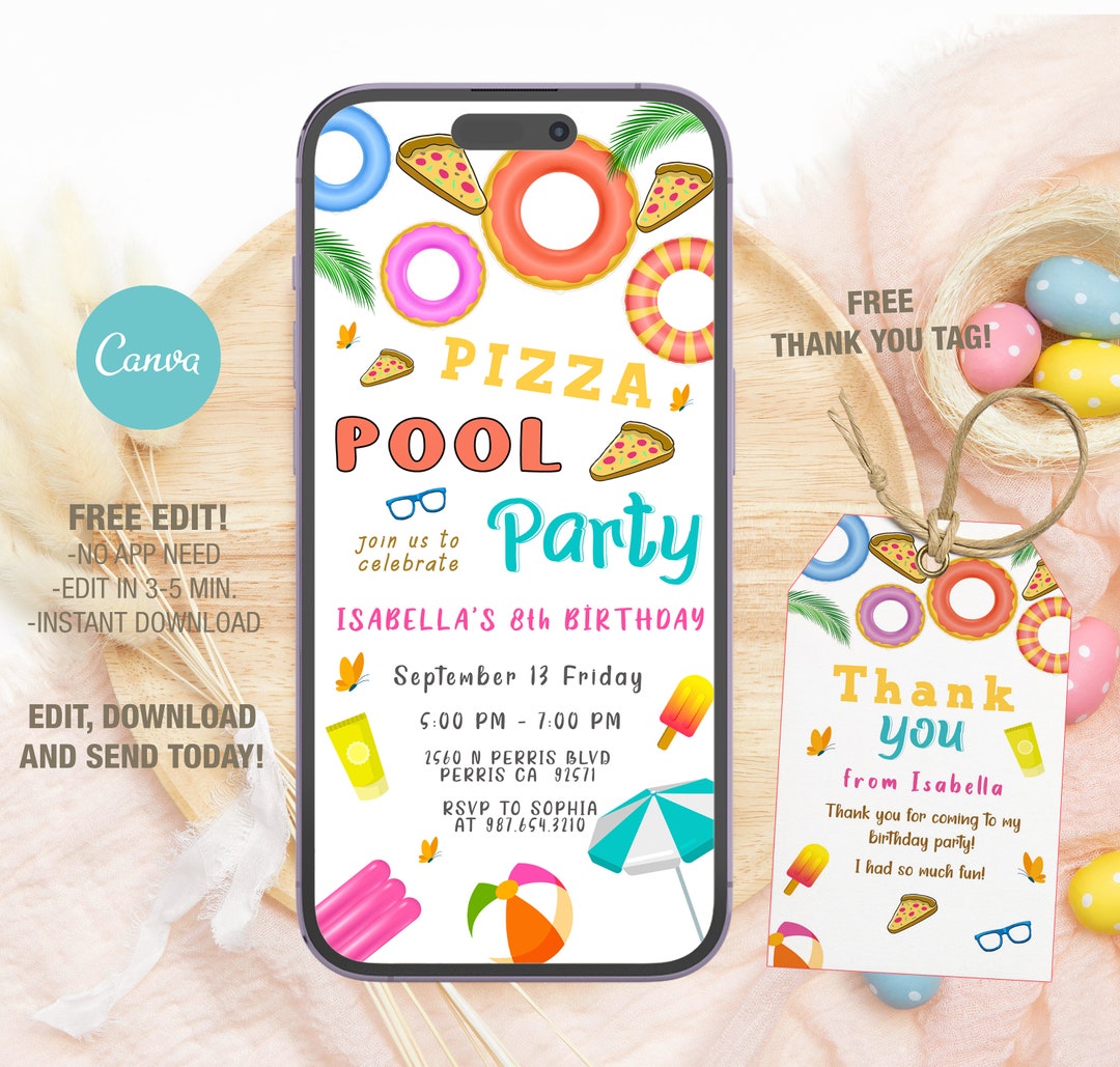 Editable Mobile Pizza Pool Party Birthday Invitation Template, Birthday ...
