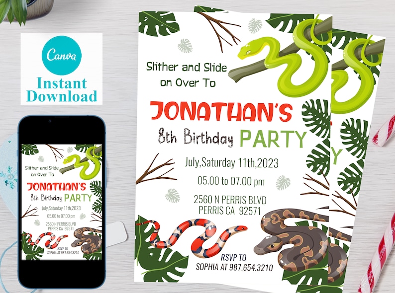 Editable Snake Birthday Invitation Template, Kids Bday Card (digital ...