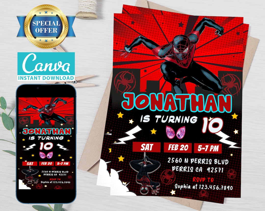 Editable Mobile Miles Morales Birthday Invitation Template, Birthday ...