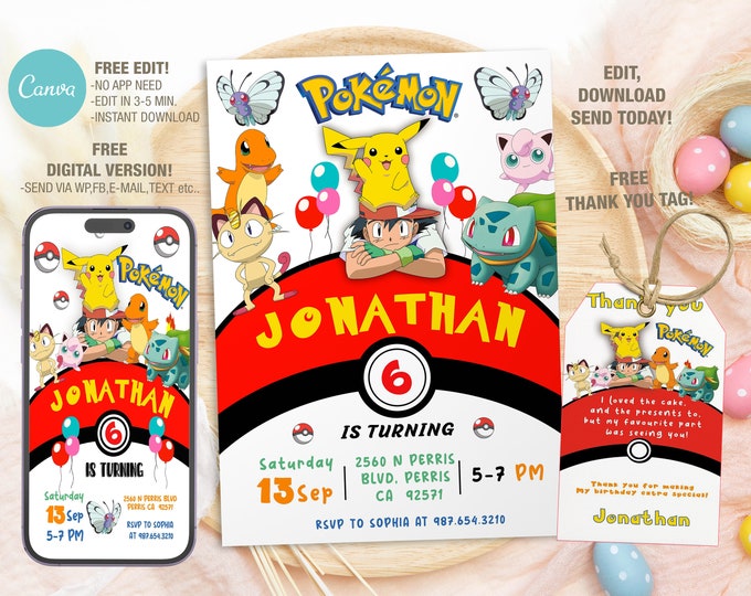 Invitación de Pokémon / Invitación editable / Invitación de cumpleaños ...