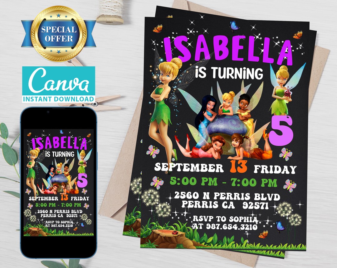Editable Tinkerbell Birthday Invitation Template, Printable Birthday ...