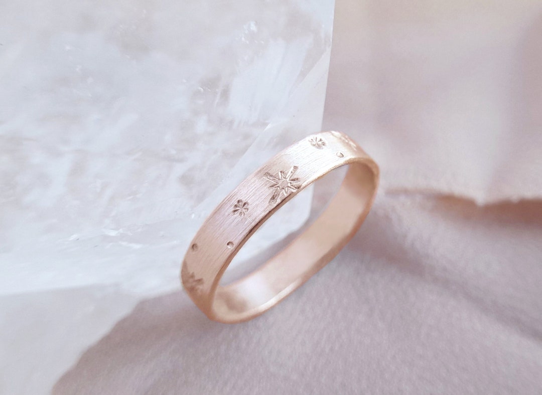 Nocturne 14K Solid Rose Gold Starburst Ring, 4mm X 1mm Gold Star Band ...
