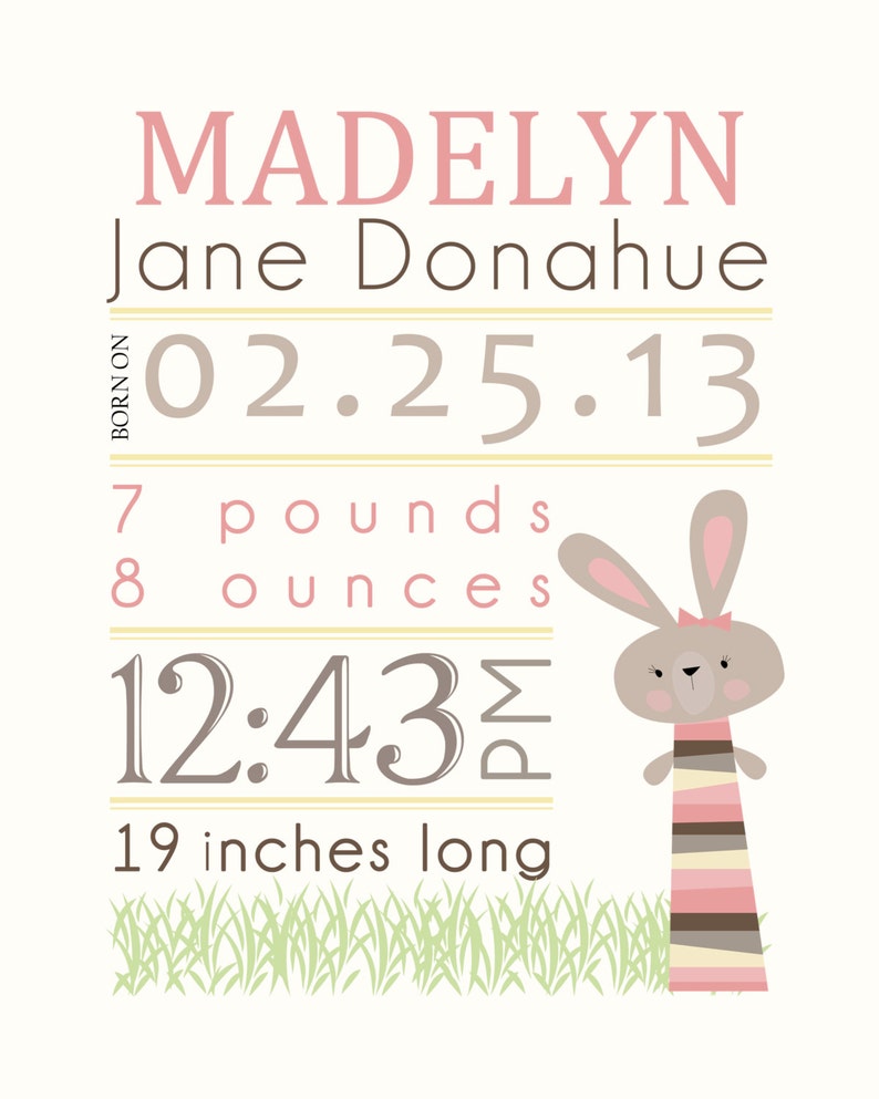 Rabbit Nursery Print, Birth Statistics, Gift for Baby, Custom Birth ...