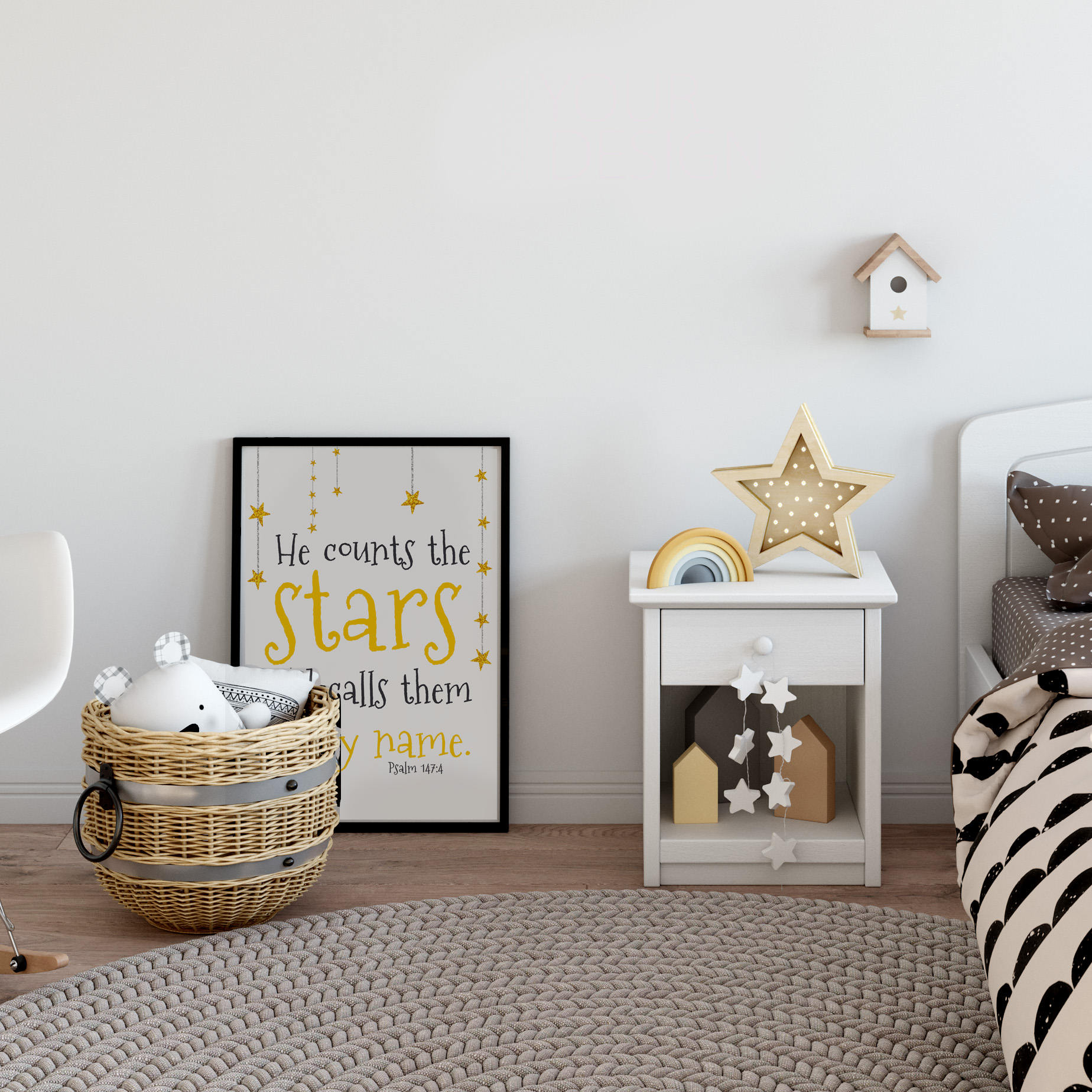 Space Art, Kids Bible Verse Print, Star Theme Scripture Art, Psalm 147: ...