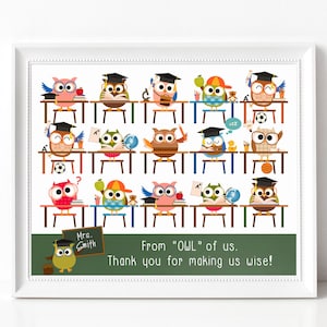 Teacher Gifts, Owl Themed Art Print, Gift From Class, End of Year Gift ...