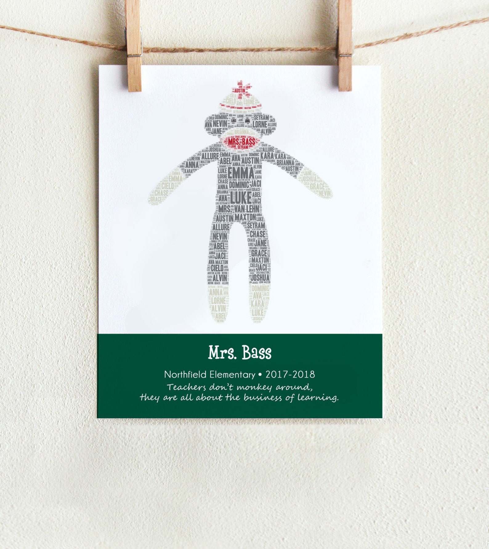 TEACHER Gifts, Personalized Sock Monkey Print With Student Names ...