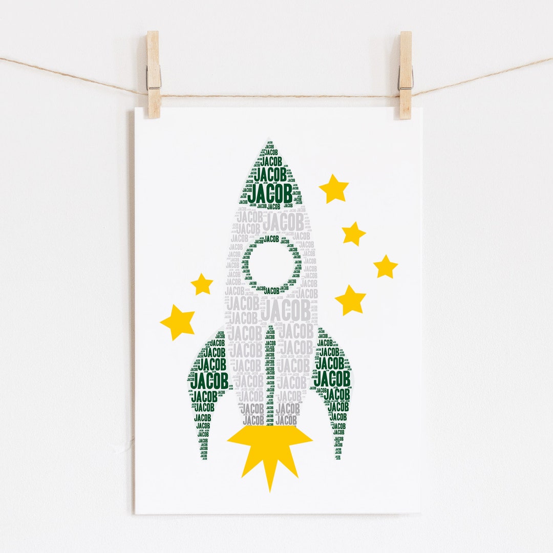 Personalized ROCKET Art Print, Spaceship Wall Art, Space Theme Room ...