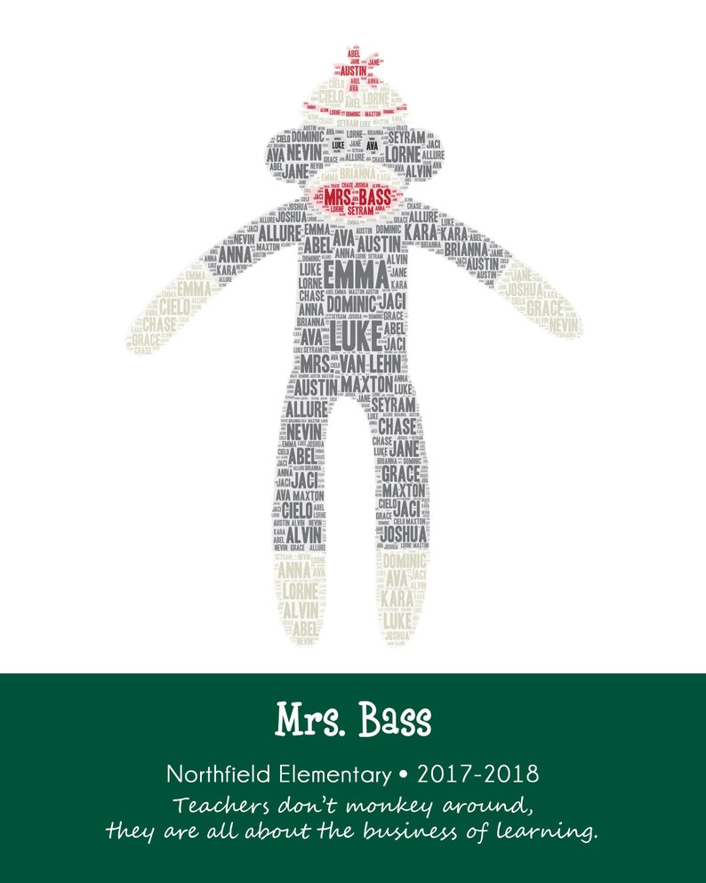 TEACHER Gifts, Personalized Sock Monkey Print With Student Names ...