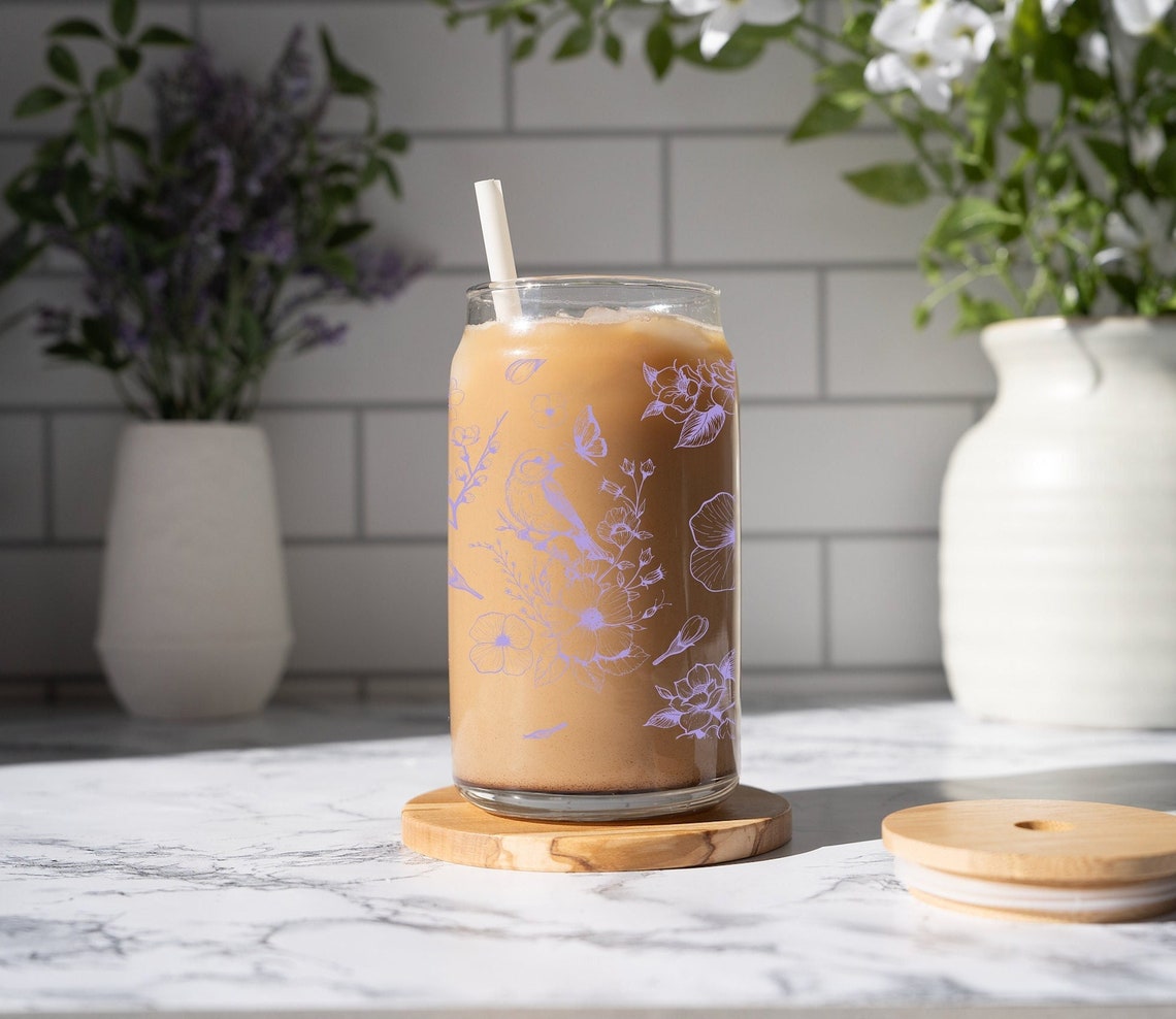 Cottage Core Iced Coffee Cup for Bird Lover Mug Glass Cup With Lid and ...