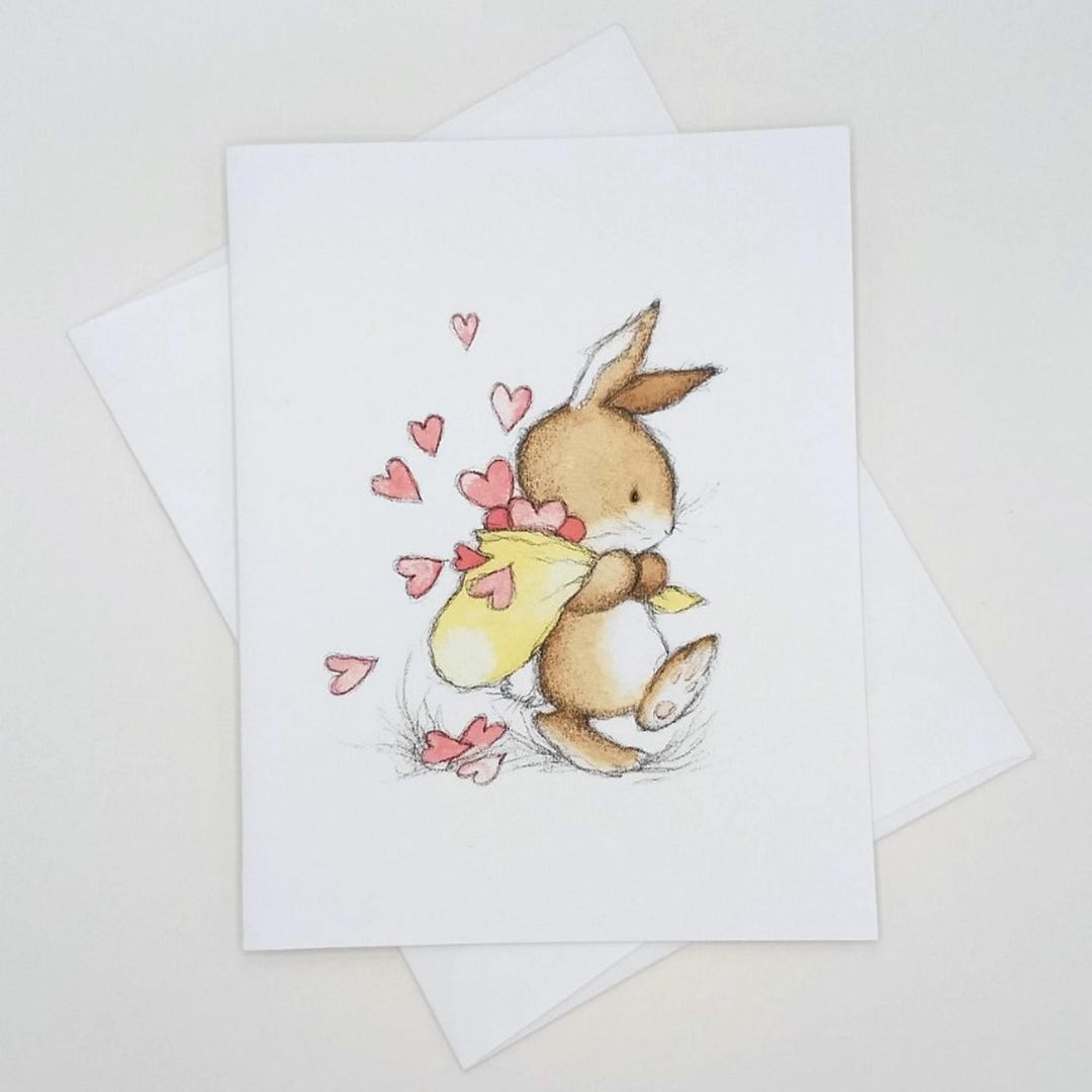 Valentine Bunny Card Set, 8 Matching Heart Note Cards, Valentine’s Day ...