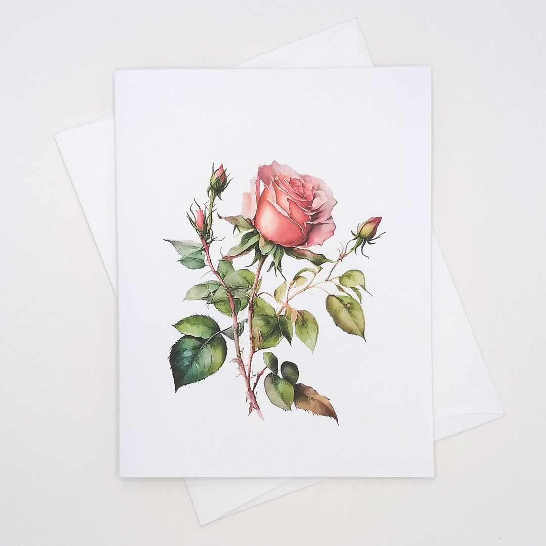 Pink Rose Note Card Set, 8 Blank Folded Cards, Watercolor Style Garden ...