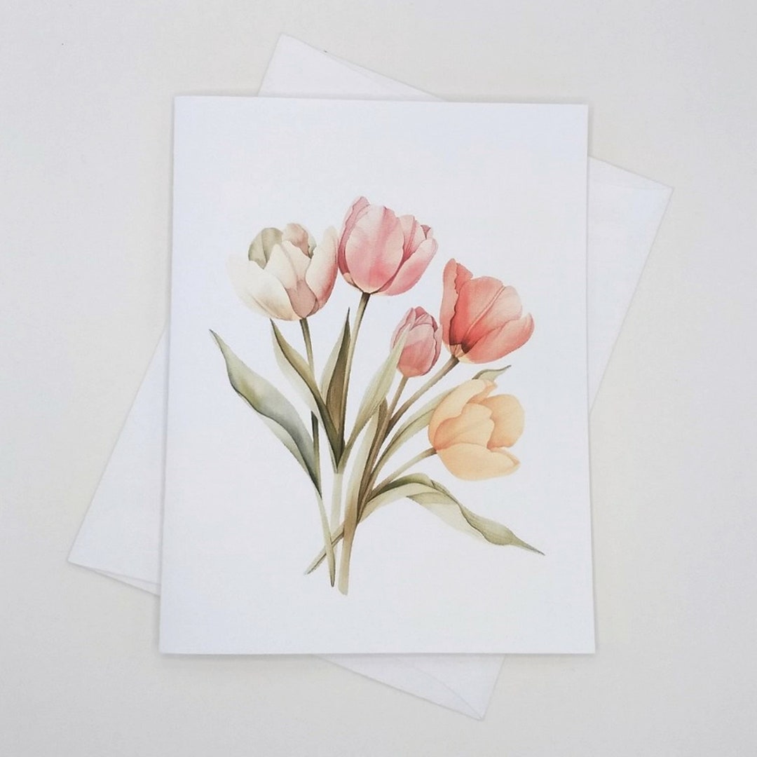 Tulip Bouquet Note Cards Set, 8 Blank Folded Cards, Watercolor Flowers ...