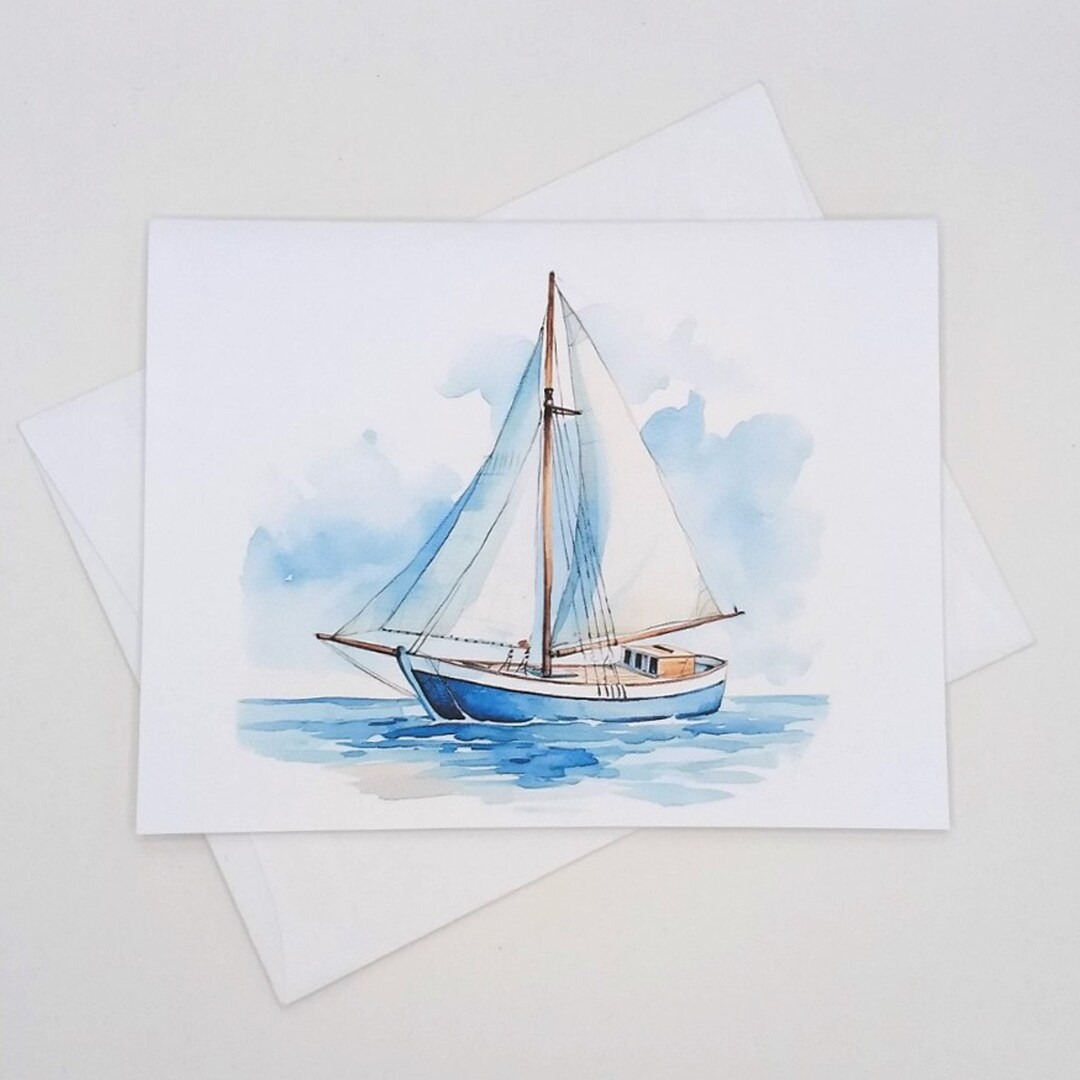 Sailboat Card Set, 8 Blank Inside Folded Note Cards, Watercolor Style ...