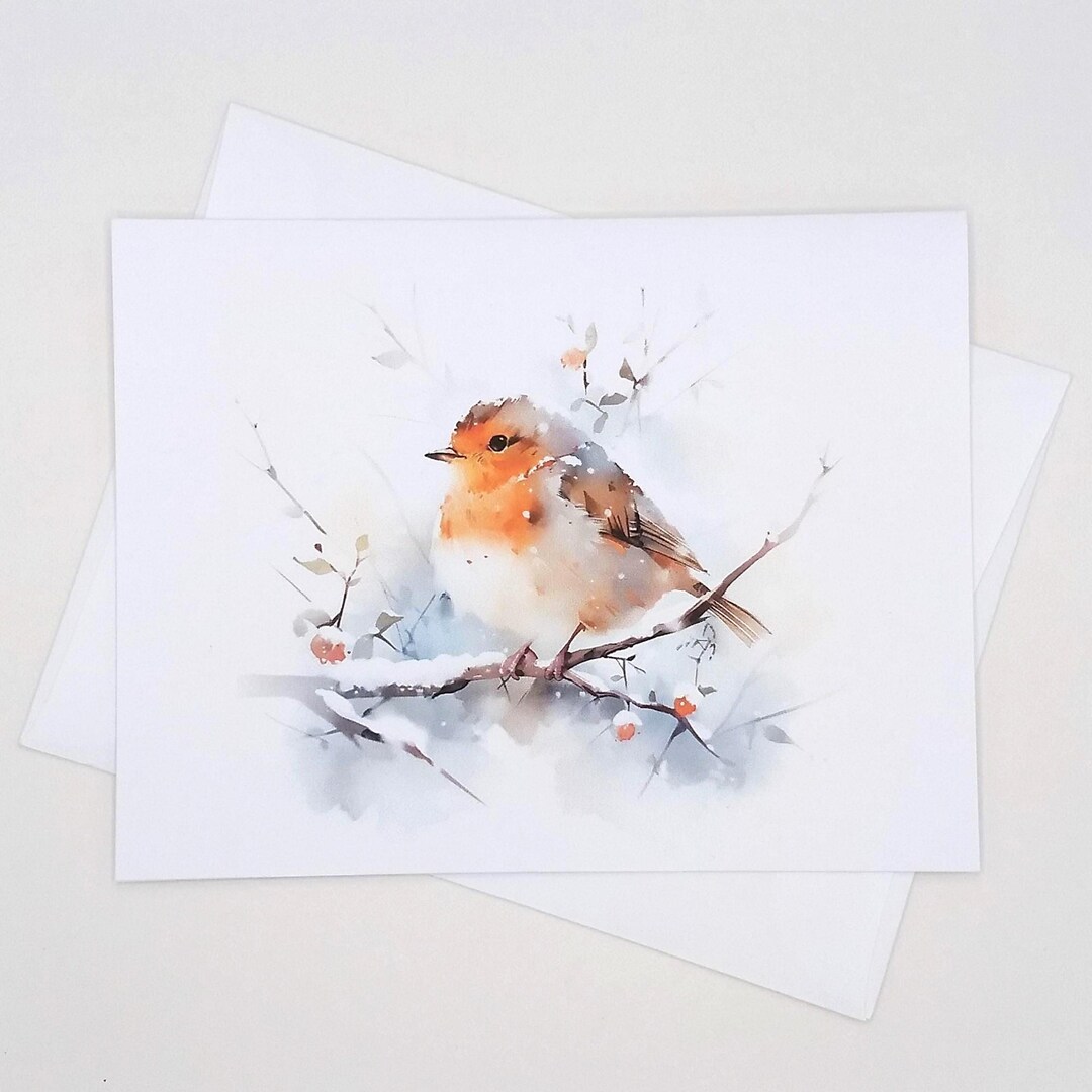 Winter Robin Christmas Cards, 8 Matching Holiday Note Cards, Watercolor ...