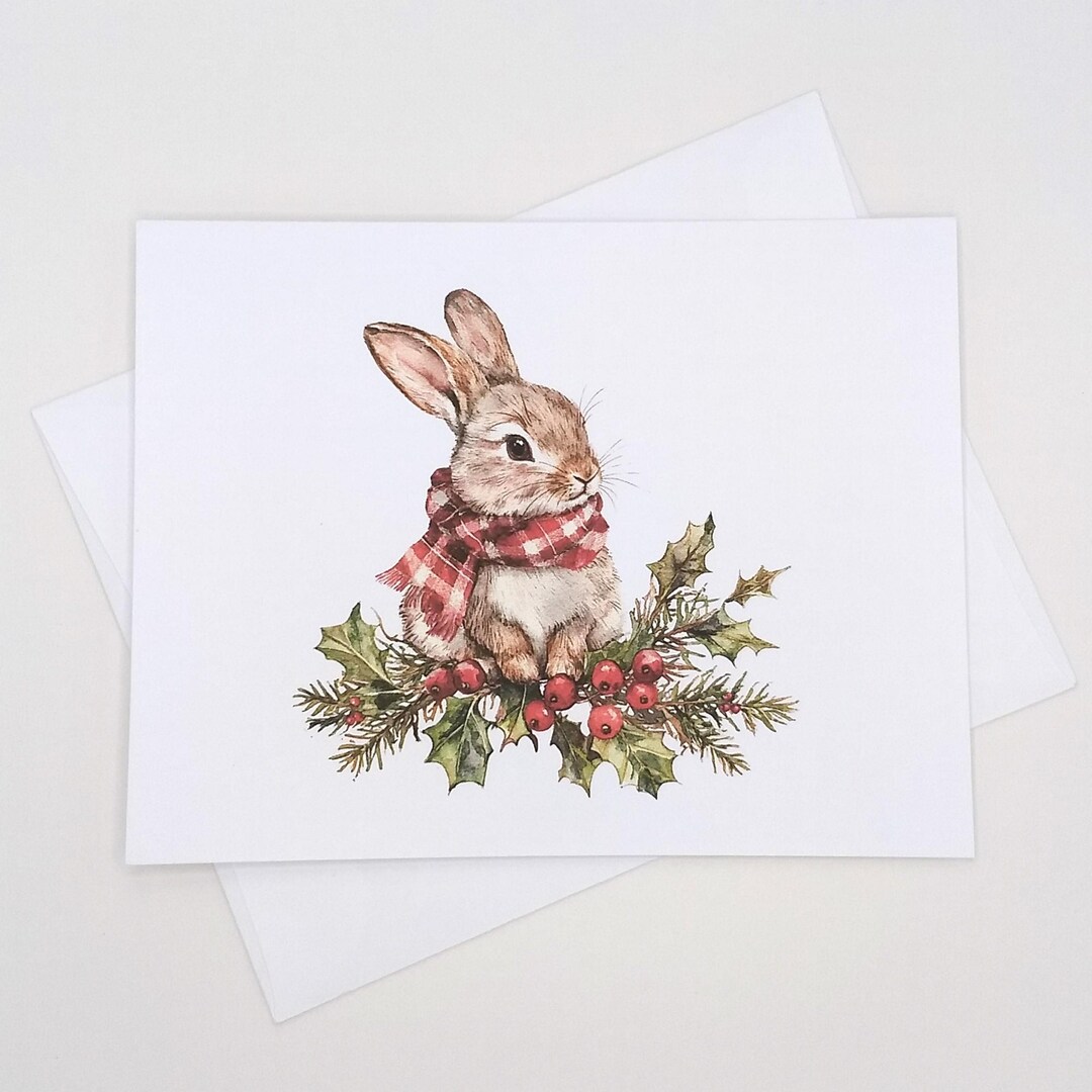 Whimsical Bunny Christmas Cards, Set of 8 Holiday Rabbit Note Cards ...