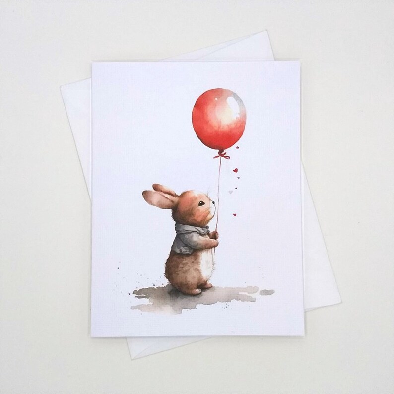 Bunny Cards, Birthday Card, New Baby Card, Balloon, Watercolor Bunny ...