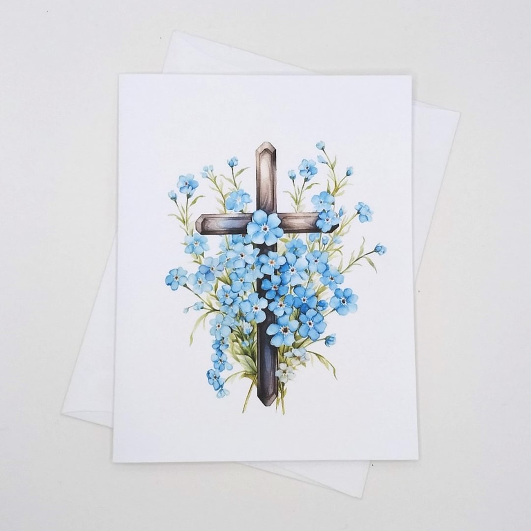 Easter Cross Card Set, 8 Blank Matching Note Cards, Blue Forget Me Not ...