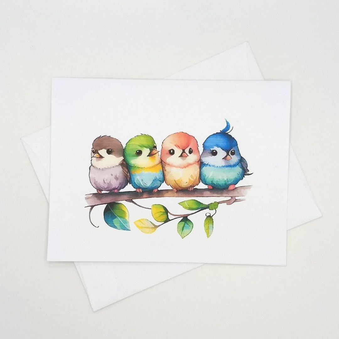 Whimsical Birds Note Cards, 8 Blank Folded Note Cards, Watercolor Style ...