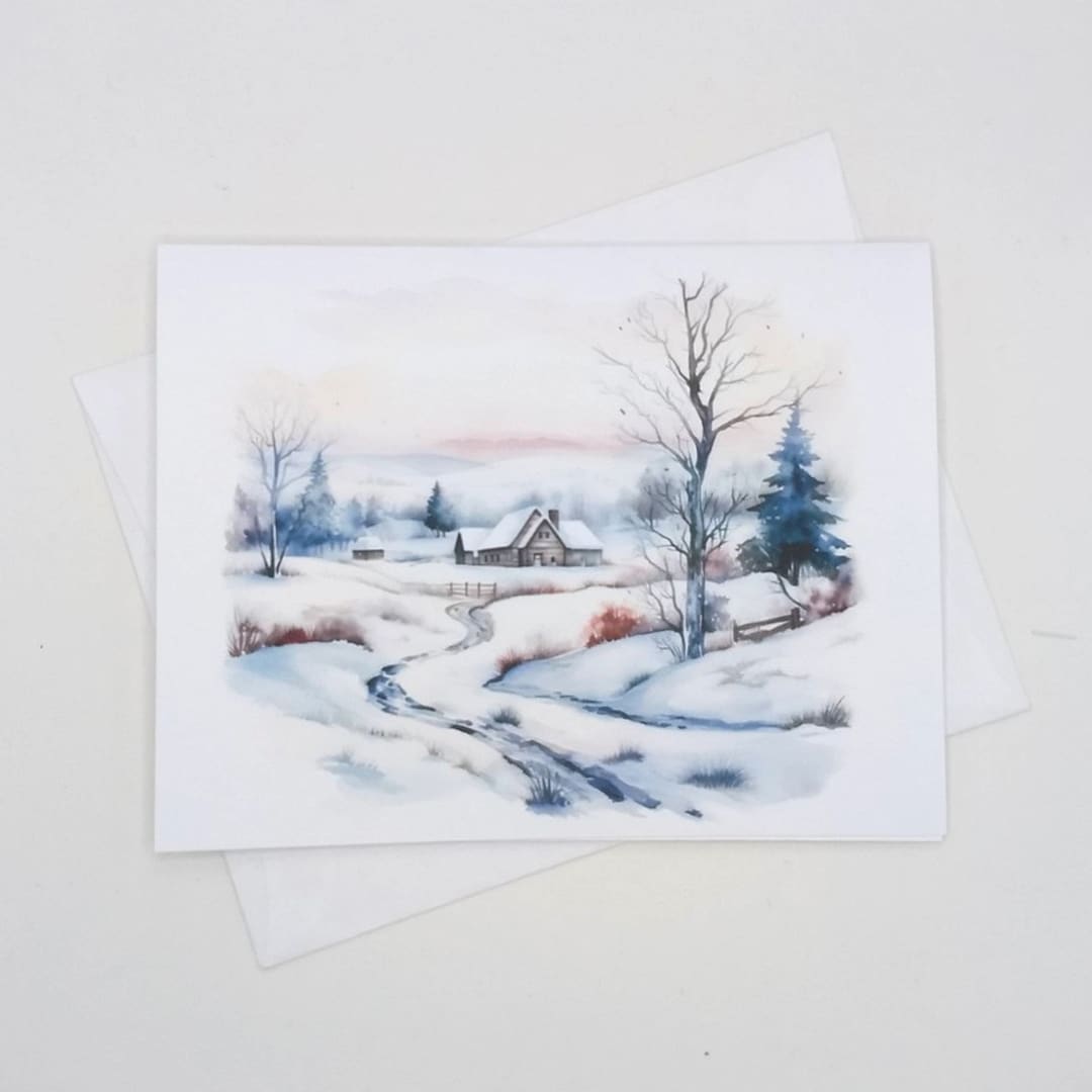 Winter Landscape Christmas Cards, 8 Blank Folded Note Cards, Farm, Snow ...