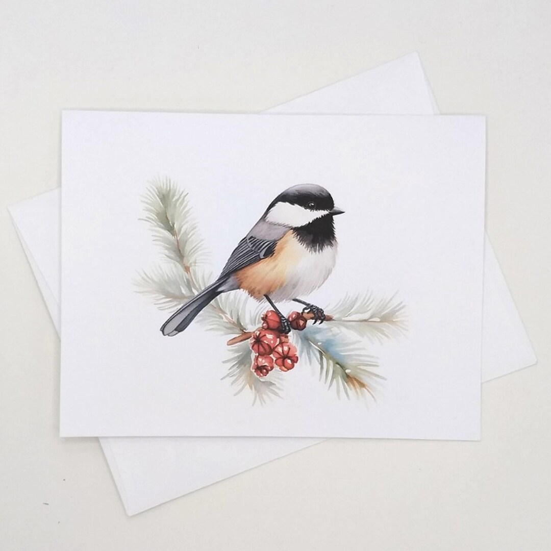 Chickadee Christmas Cards, 8 Blank Note Cards, Watercolor Birds, Winter Snow Holly Berries - Etsy