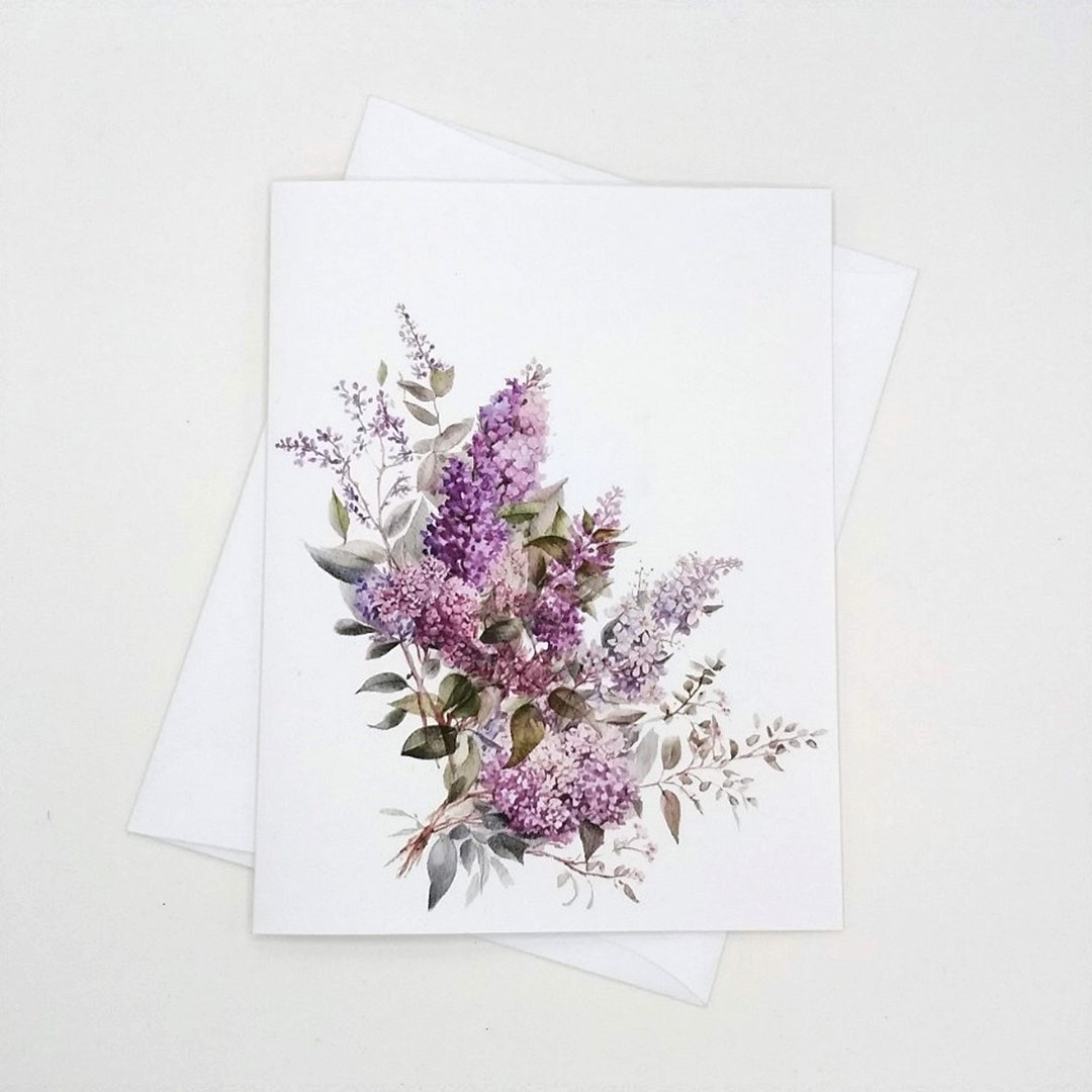 Lilac Note Cards Set, 8 Blank Folded Cards, Watercolor Flower, Birthday ...