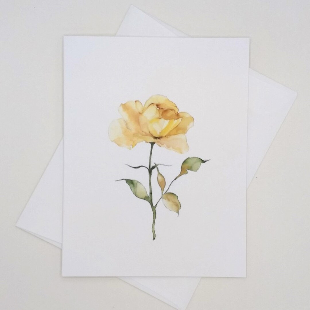Yellow Rose Note Cards Set, Blank Cards, Watercolor Style, Long Stem ...