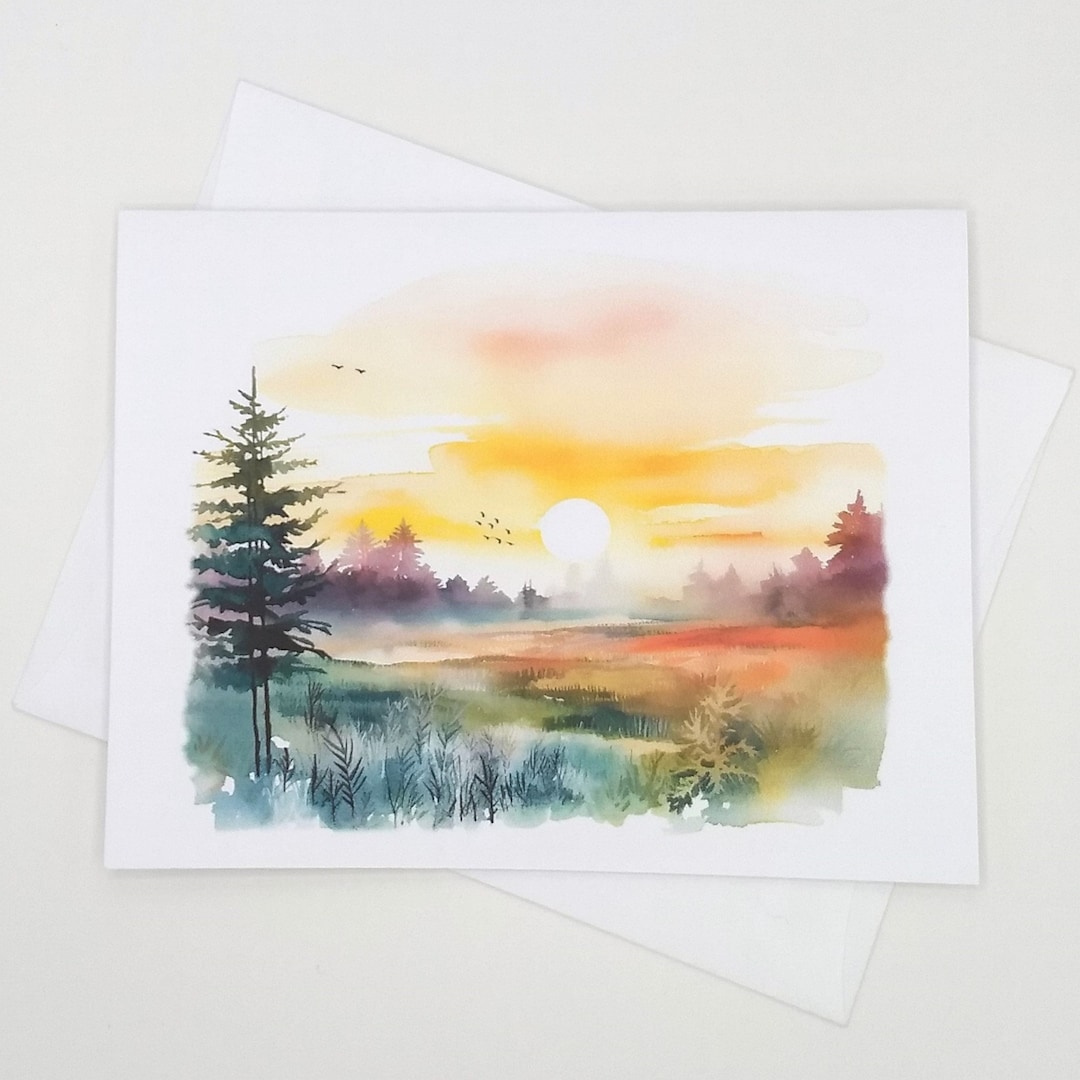 Watercolor Sunrise Landscape Card Set, 8 Matching Note Cards, All ...